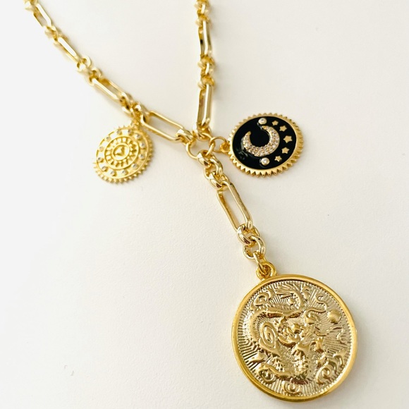 Jewelry | Mixed Paperclip Chain Charm Dragon Enamel Cz Moon Compass ...
